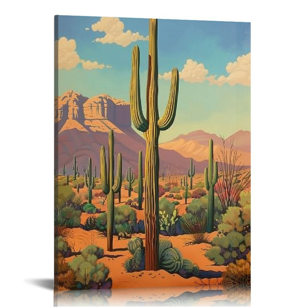 PIKWEEK Abstract Cactus Wall Art Green Cactus Painting Desert Landscape ...