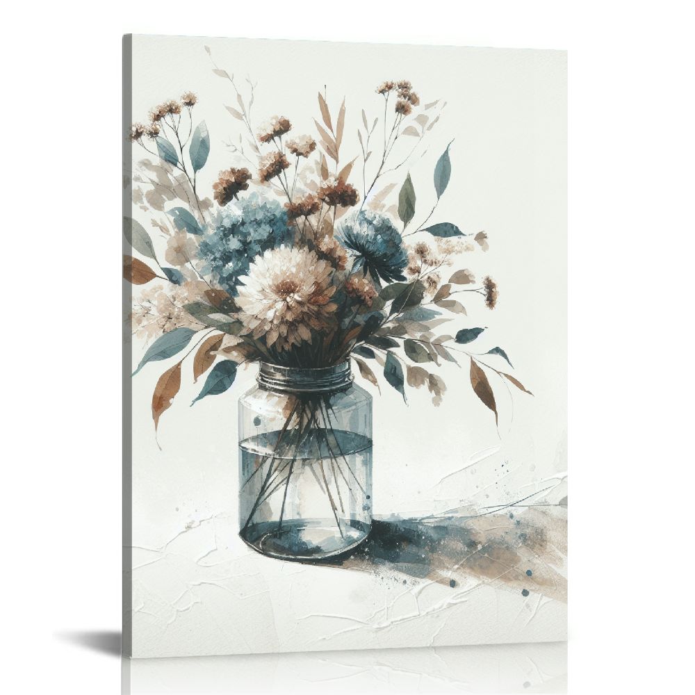 PIKWEEK Abstract Flower Bouquet Wall Art: Gray Blue Floral in Jar ...