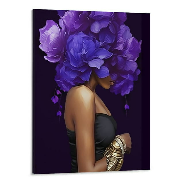 PIKWEEK African American Wall Art Purple Flower on Black Women Head Vintage Canvas Art Paintings ...
