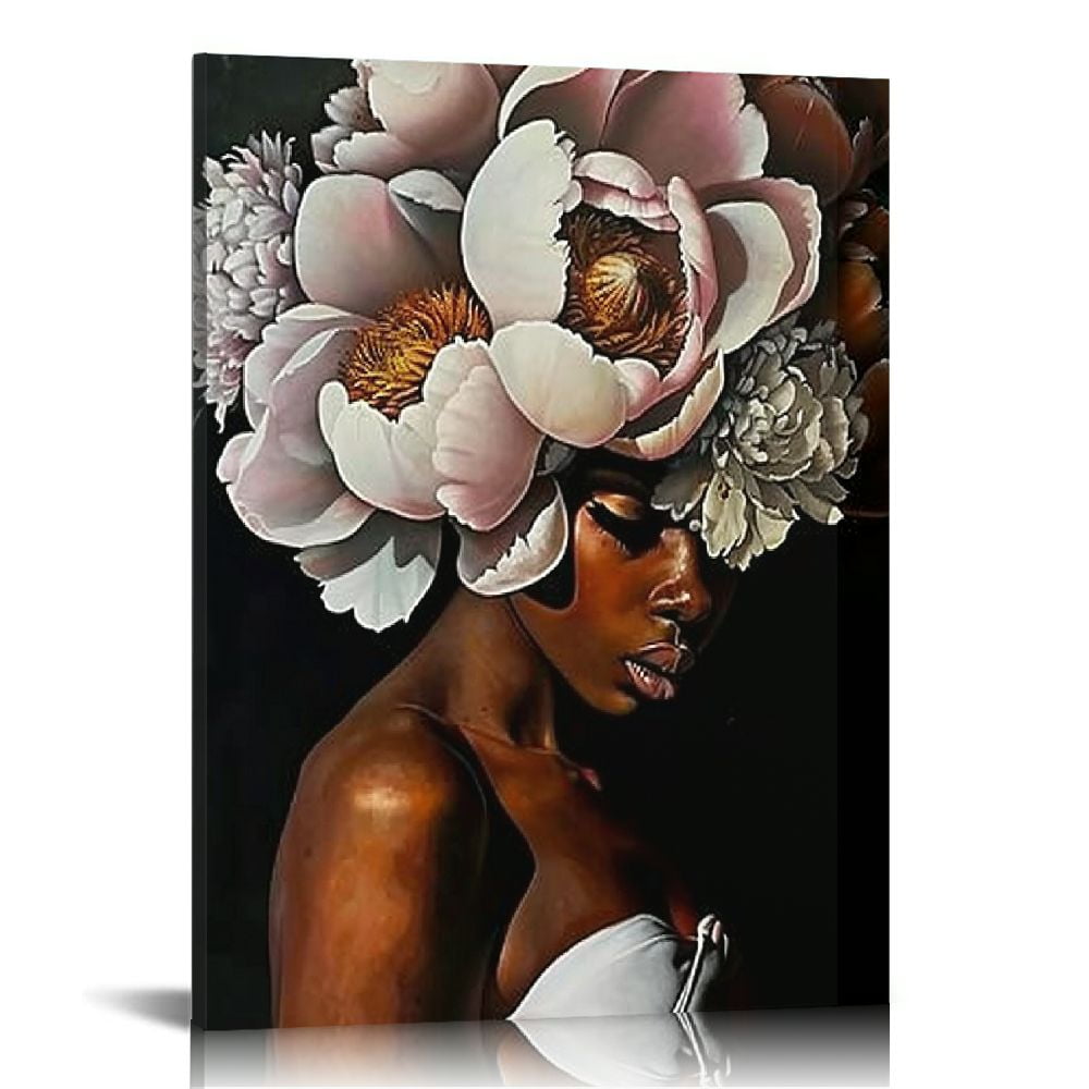 PIKWEEK African American Wall Art White Flower on Black Women Head Vintage Canvas Art Paintings ...