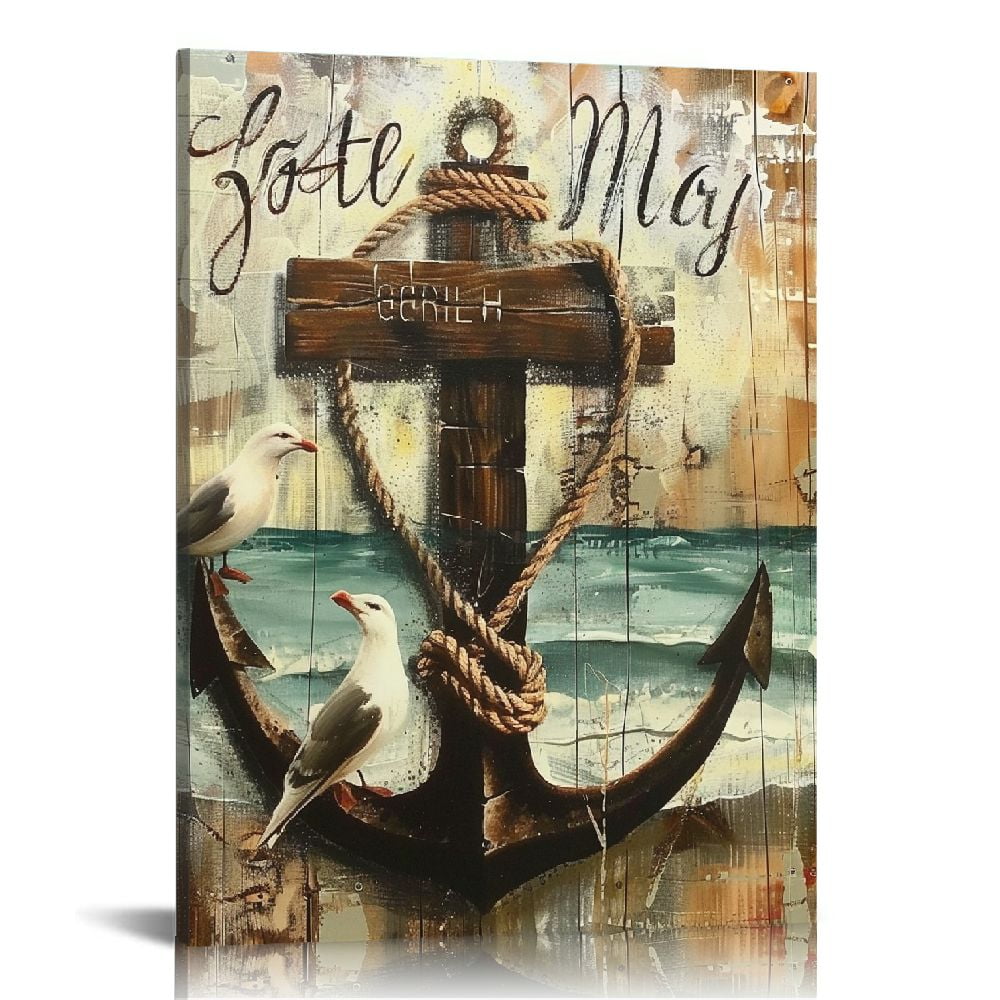 PIKWEEK Anchor Cross Wall Art Christian Pictures Wall Decor Beach Nautical Coastal Painting ...