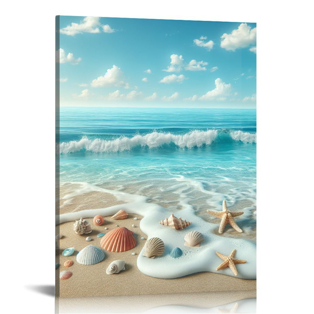 PIKWEEK Beach Wall Art Bathroom Paintings Decor Seashell Starfish ...