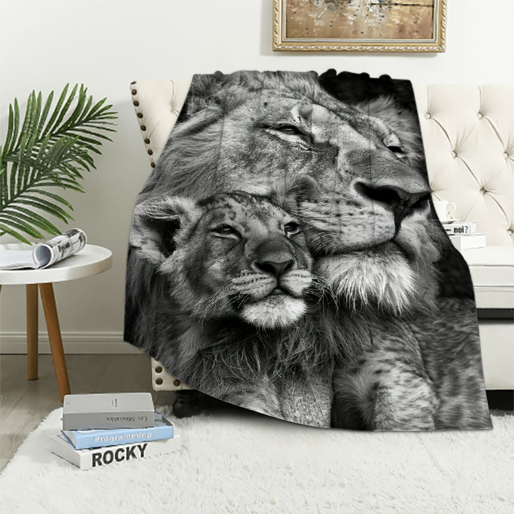 PIKWEEK Black and White Lion Throw Blanket Lion and Lion Cub Animal ...