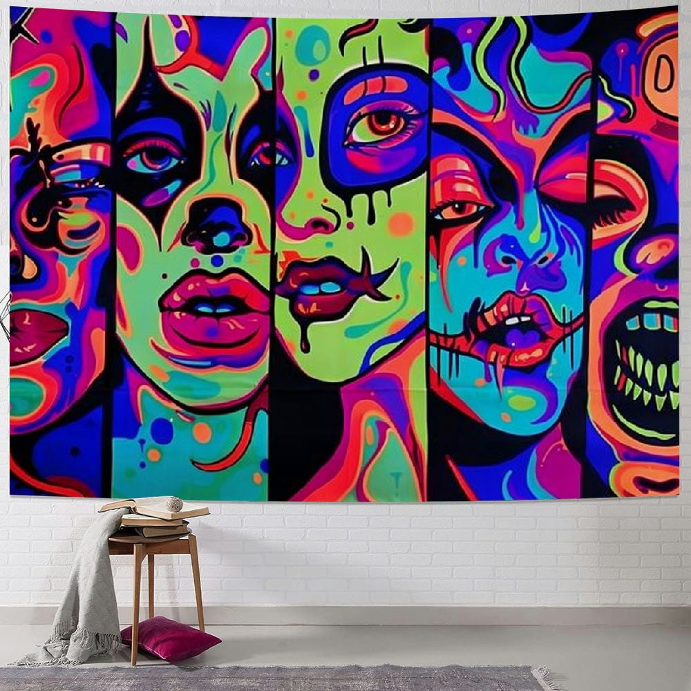 PIKWEEK Blacklight Horror Face Tapestry Trippy Tapestry Wall Hanging ...