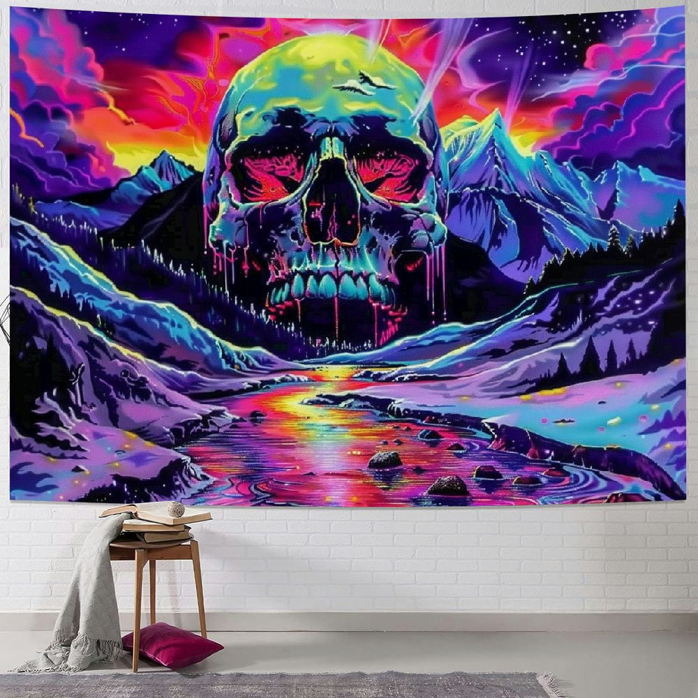 PIKWEEK Blacklight Skull Tapestry UV Reactive Skeleton Tapestry Starry ...