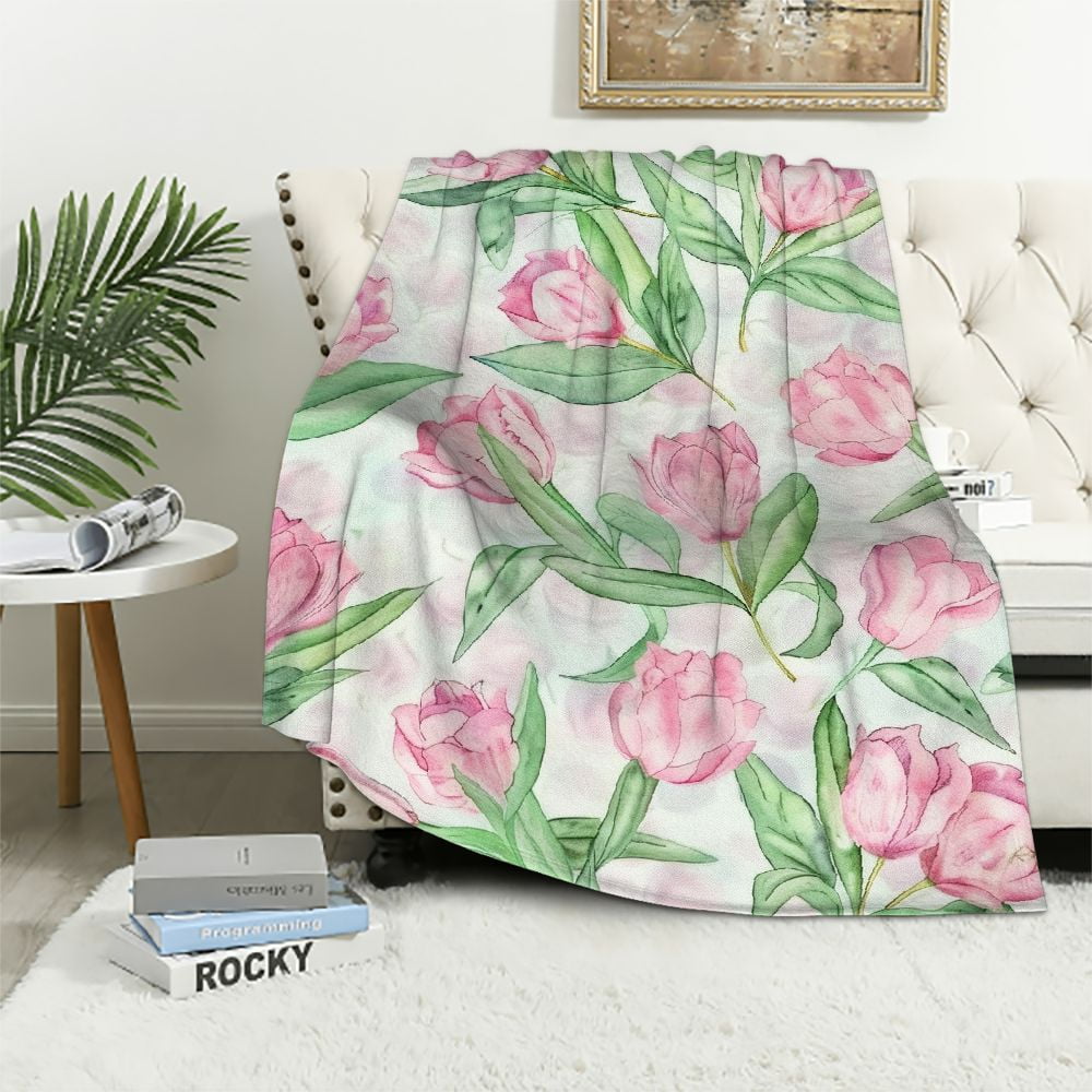 PIKWEEK Blanket Soft Throw Blankets - Watercolor Pink Tulips Flowers ...