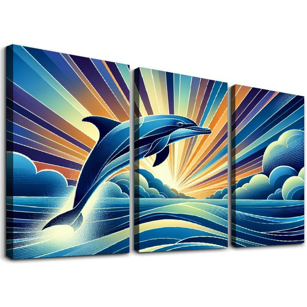 PIKWEEK Blue Dolphin Canvas Wall Art - 3 Pieces Blue Sky Beach Seascape ...