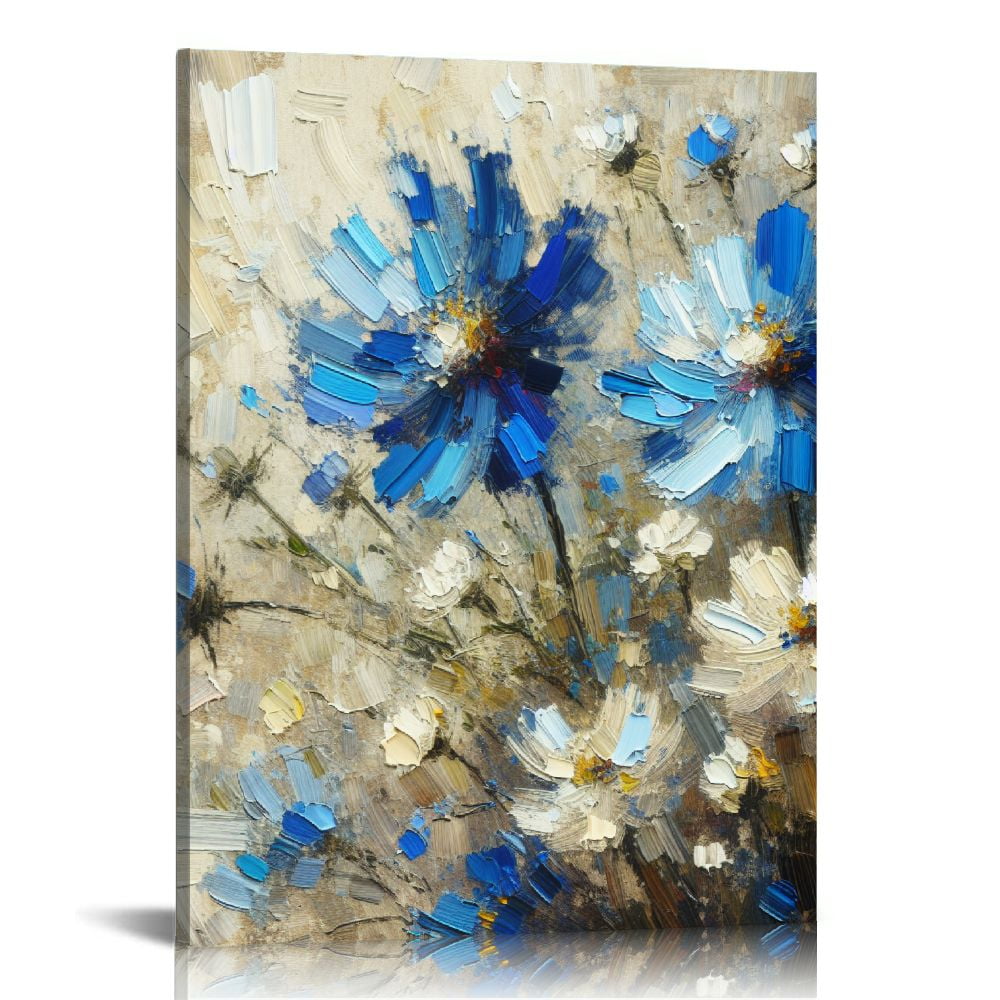 PIKWEEK Blue Flower Wooden Artwork : Bloom Wall Art Floral Painting ...