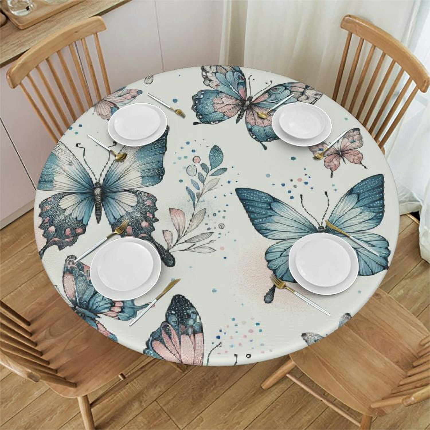 PIKWEEK Blue Pink Butterfly Round Tablecloth, Fitted Table Cover with ...