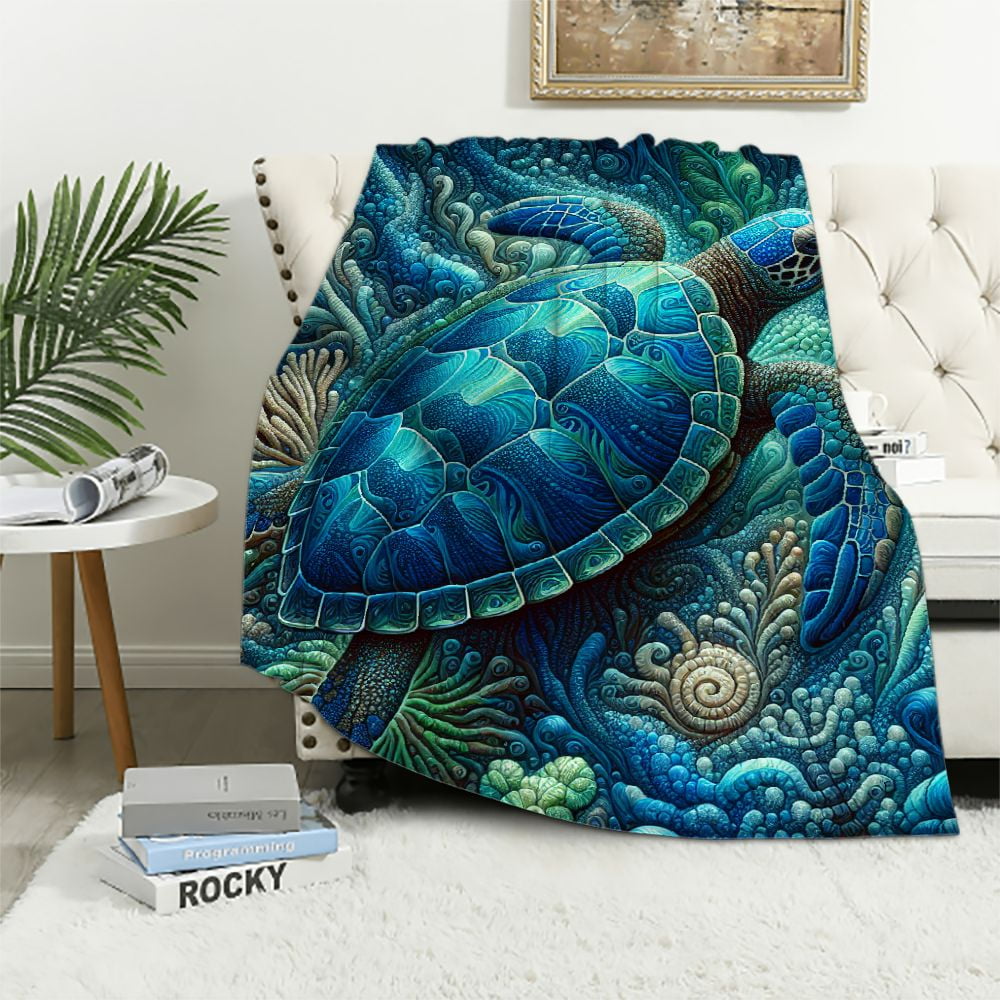 PIKWEEK Blue Tortoise Blanket Queen Sea Turtle Reptile Throw Blanket ...
