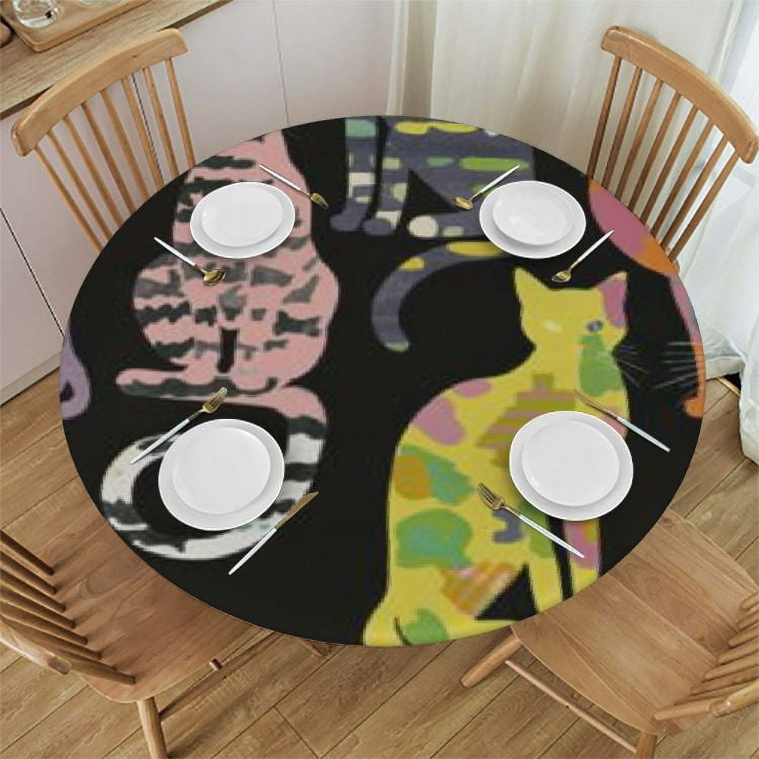 PIKWEEK Boho Cats Fitted Round Tablecloth with Elastic Edge Waterproof ...