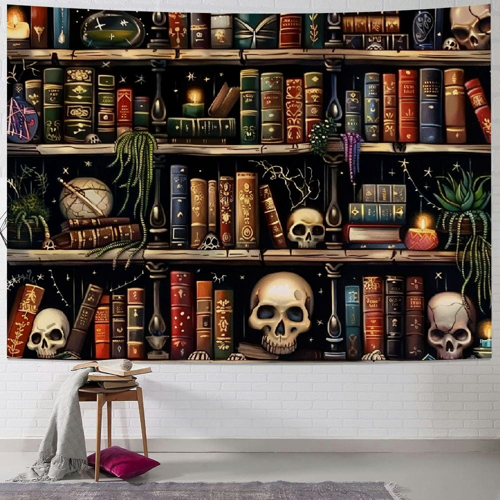 PIKWEEK Bookshelf Tapestry Magical Book Tapestries Goth Skull Tapestry ...