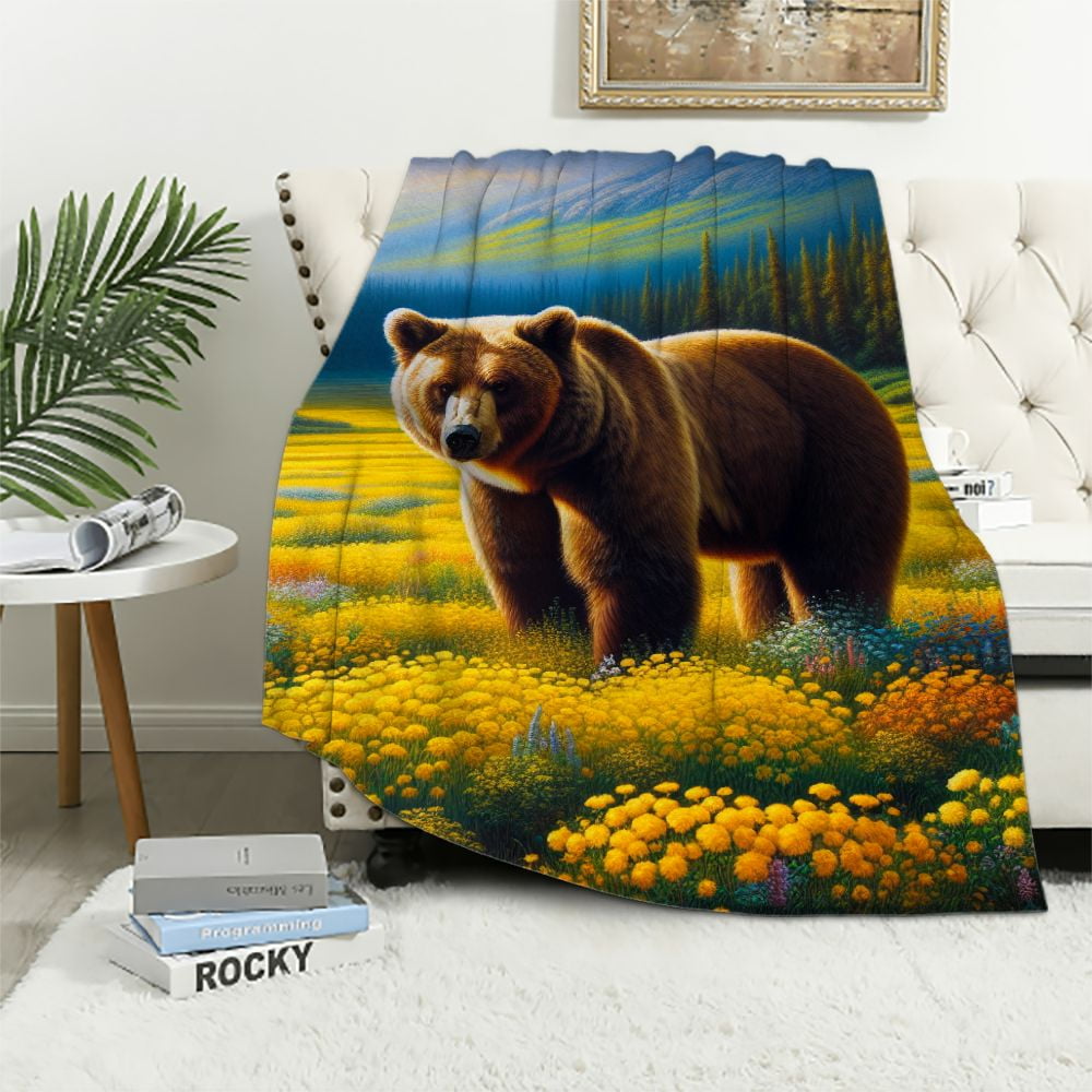 PIKWEEK Brown Bear Blanket Giant Grizzly Bear Fleece Blanket Soft Fuzzy ...