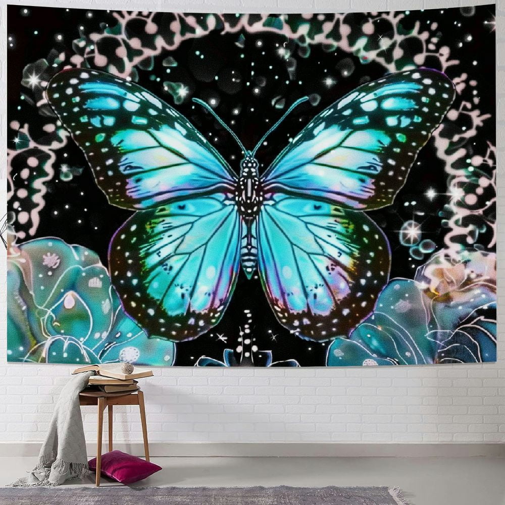 PIKWEEK Butterfly Wall Tapestry Trippy Teal Butterfly Tapestries Black ...