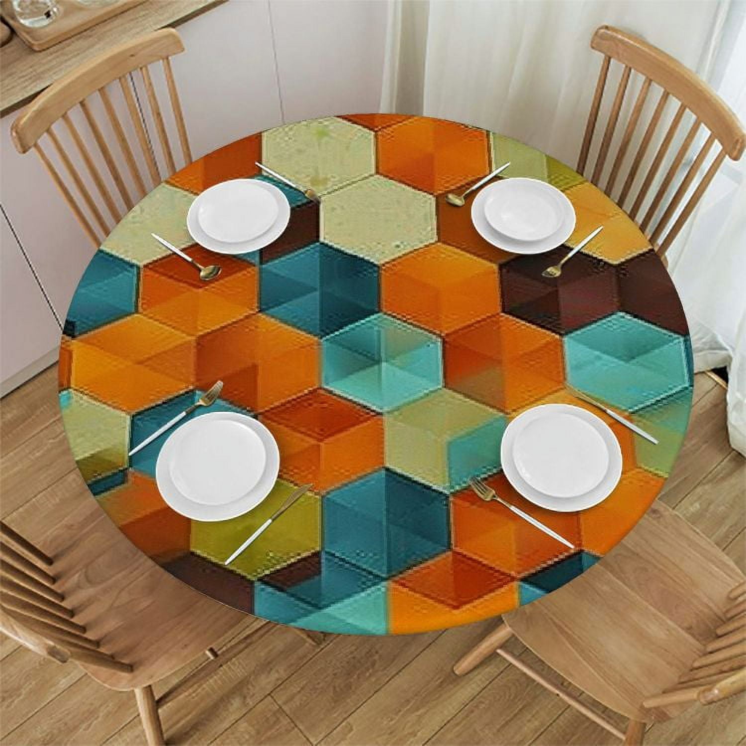 PIKWEEK Charcoal Grey Orange Round Fitted Table Cloth Cover Elastic ...