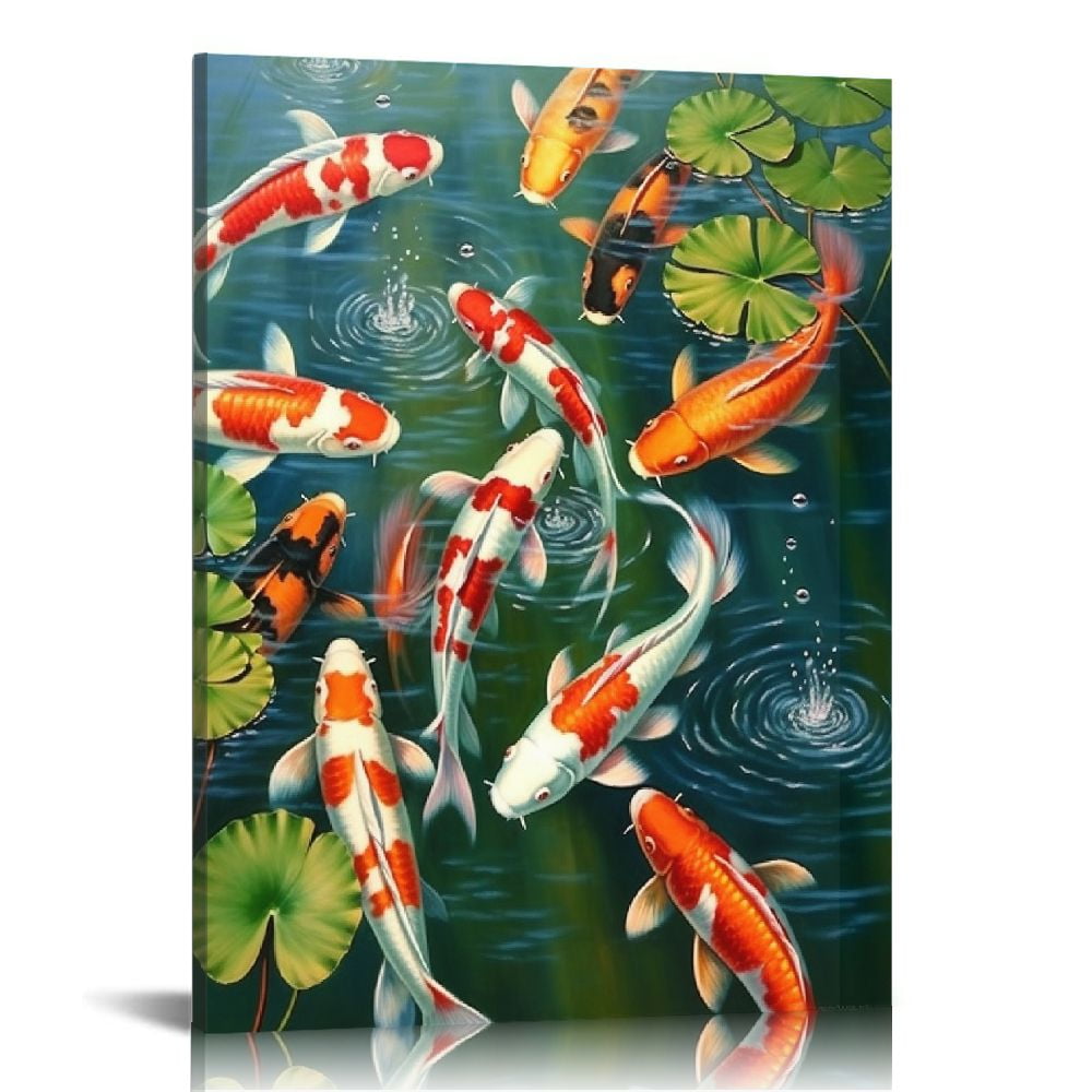 PIKWEEK Chinese Abstract Nine Koi Fish Landscape Painting on Canvas ...