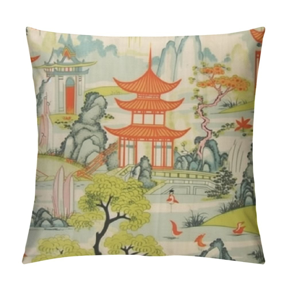 PIKWEEK Chinoiserie Pillow Cover Pagoda Coral Green Asian Scenic Throw ...