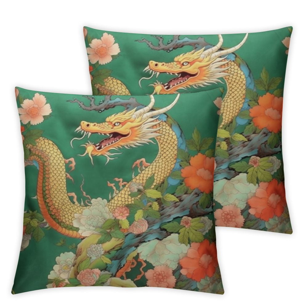 PIKWEEK Chinoiserie Pillow Covers Green Pink Dragon Floral Throw Pillow ...