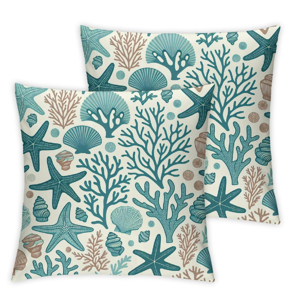 Wuche Coastal Pillow Covers 18x18 Inch Set of 2 Seashell Starfish Coral ...