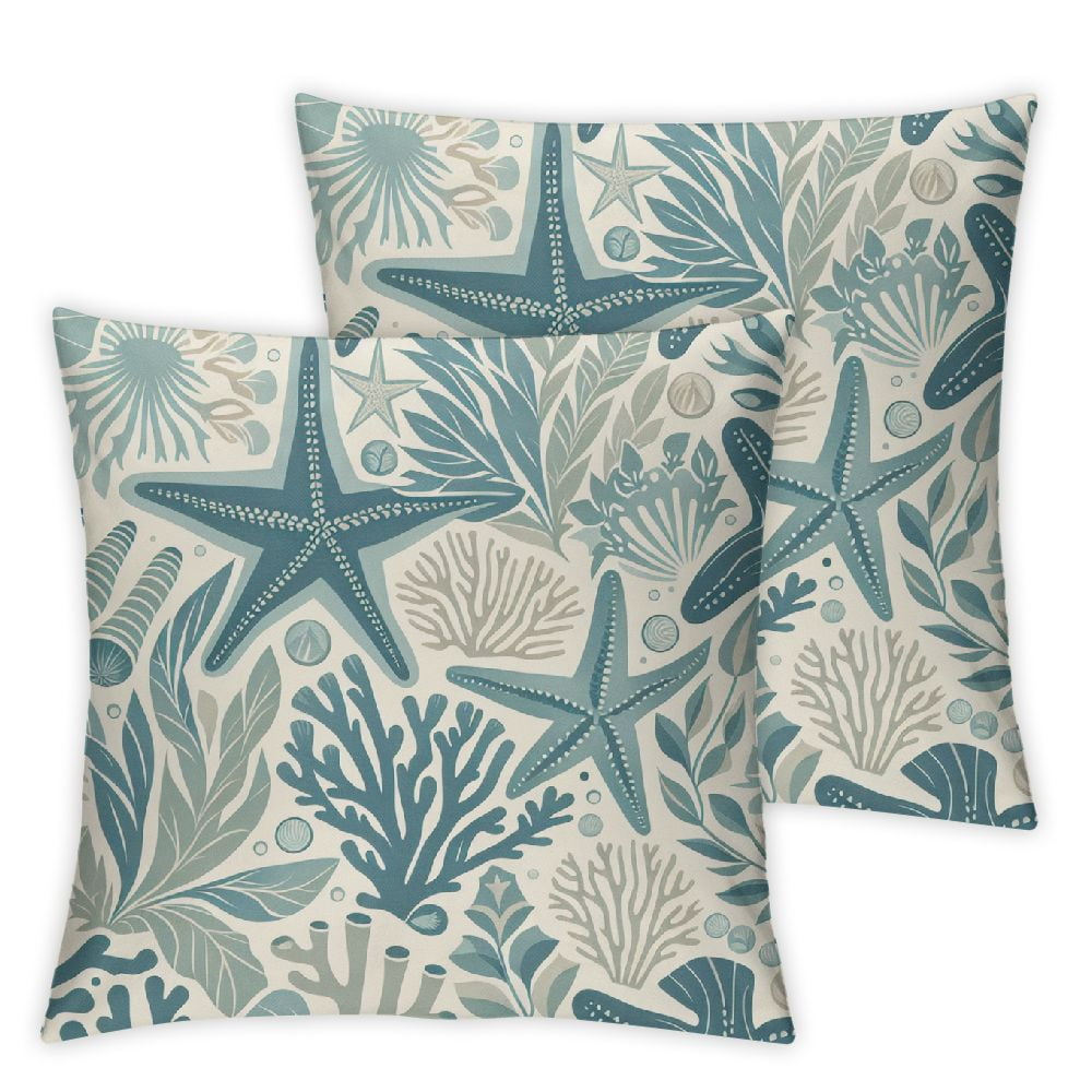 Wuche Coastal Pillow Covers Set of 2 Blue Beach Theme Ocean Seashell ...