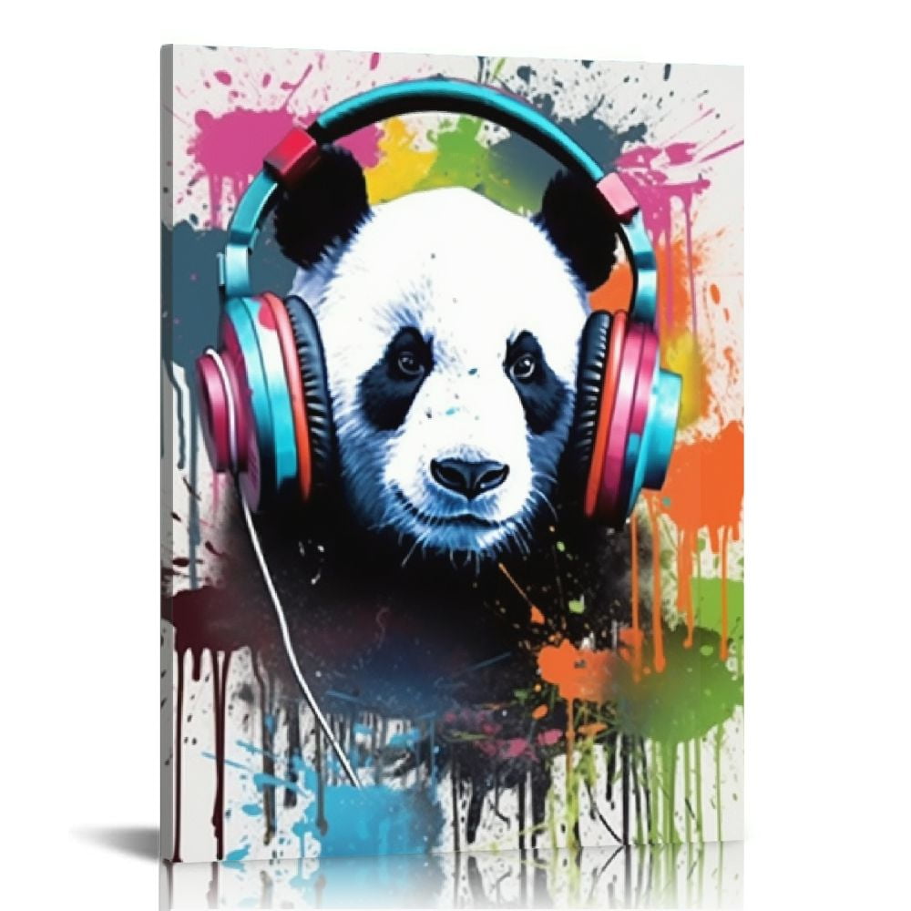 PIKWEEK Colorful Animal Wall Art Funny Panda with Headphone Canvas ...