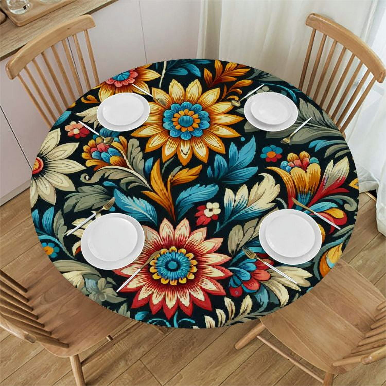 PIKWEEK Colorful Plant Flower Round Fitted Tablecloth Fitted Table ...