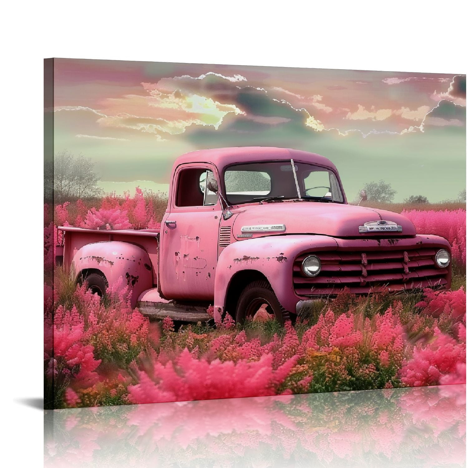 PIKWEEK Country Old Truck Canvas Wall Art Pink Car in Flowers Field ...