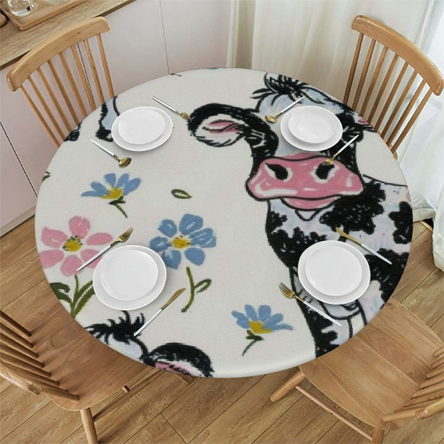 PIKWEEK Cow Daisy Fitted Round Tablecloth with Elastic Edge Waterproof ...