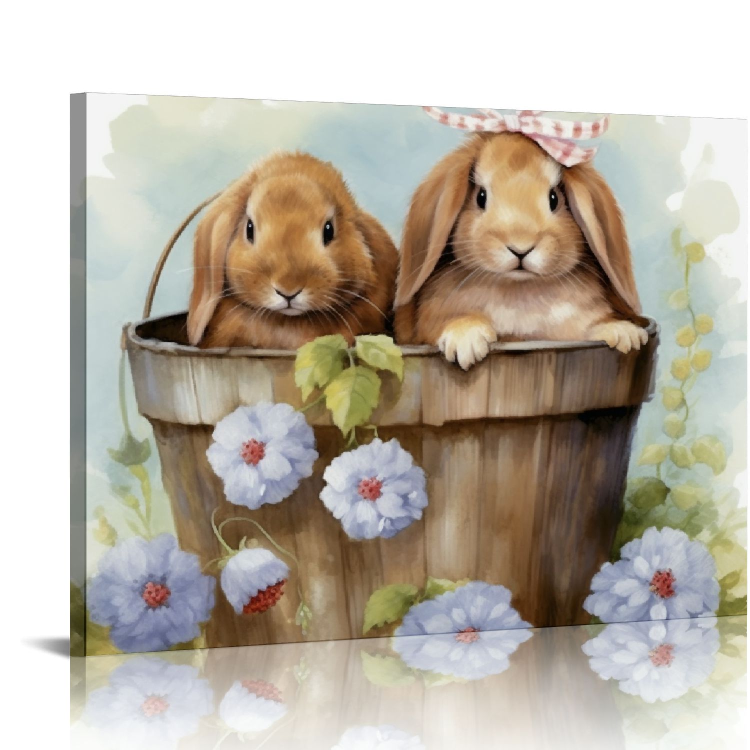 PIKWEEK Cute Bunny Wall Art Blue Flowers Canvas Print Picture Farmhouse ...