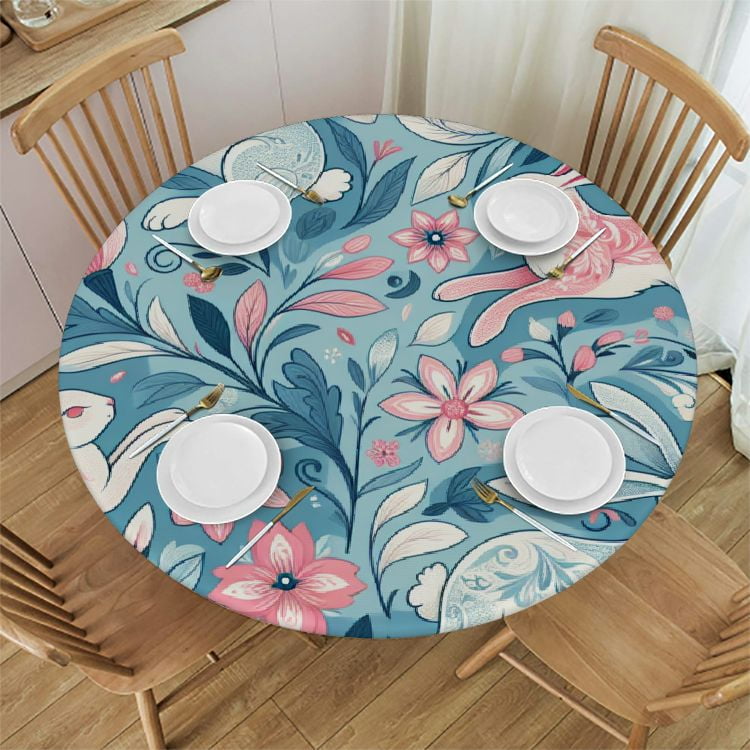 PIKWEEK Cute Pink Rabbits in Blue Floral Fitted Round Table Cover with ...