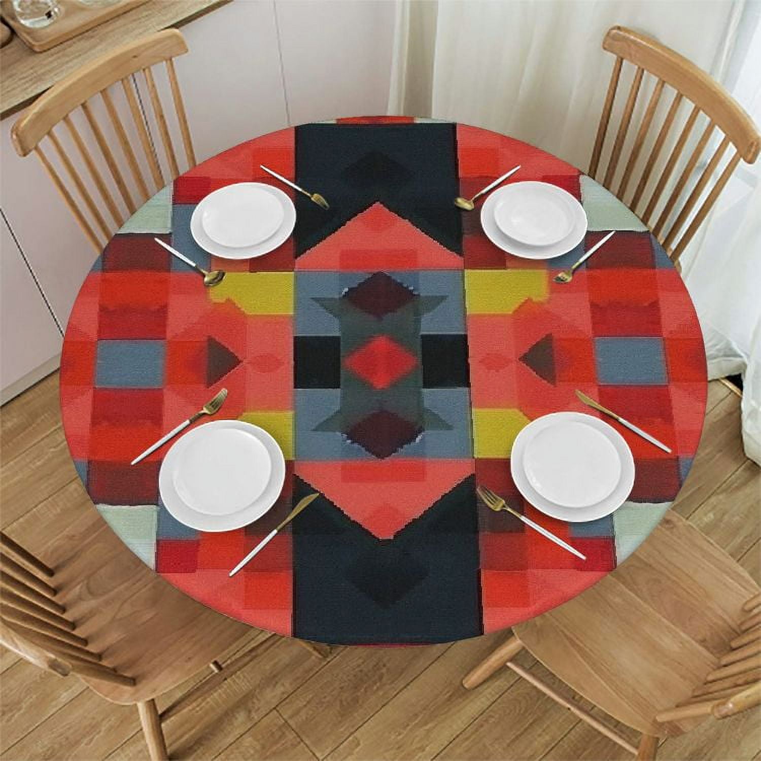 Wuche Dark Blue Red White Fitted Tablecloth for Round Table Pattern in ...