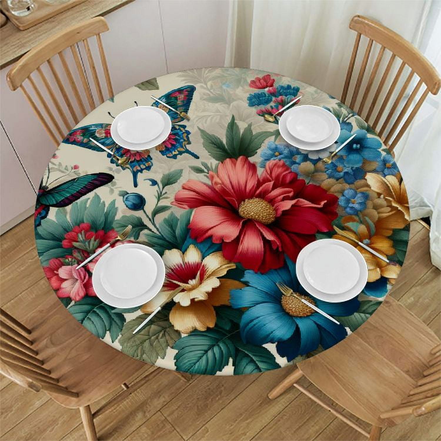 PIKWEEK Ethnic Retro Butterfly Round Fitted Tablecloth with Elastic ...