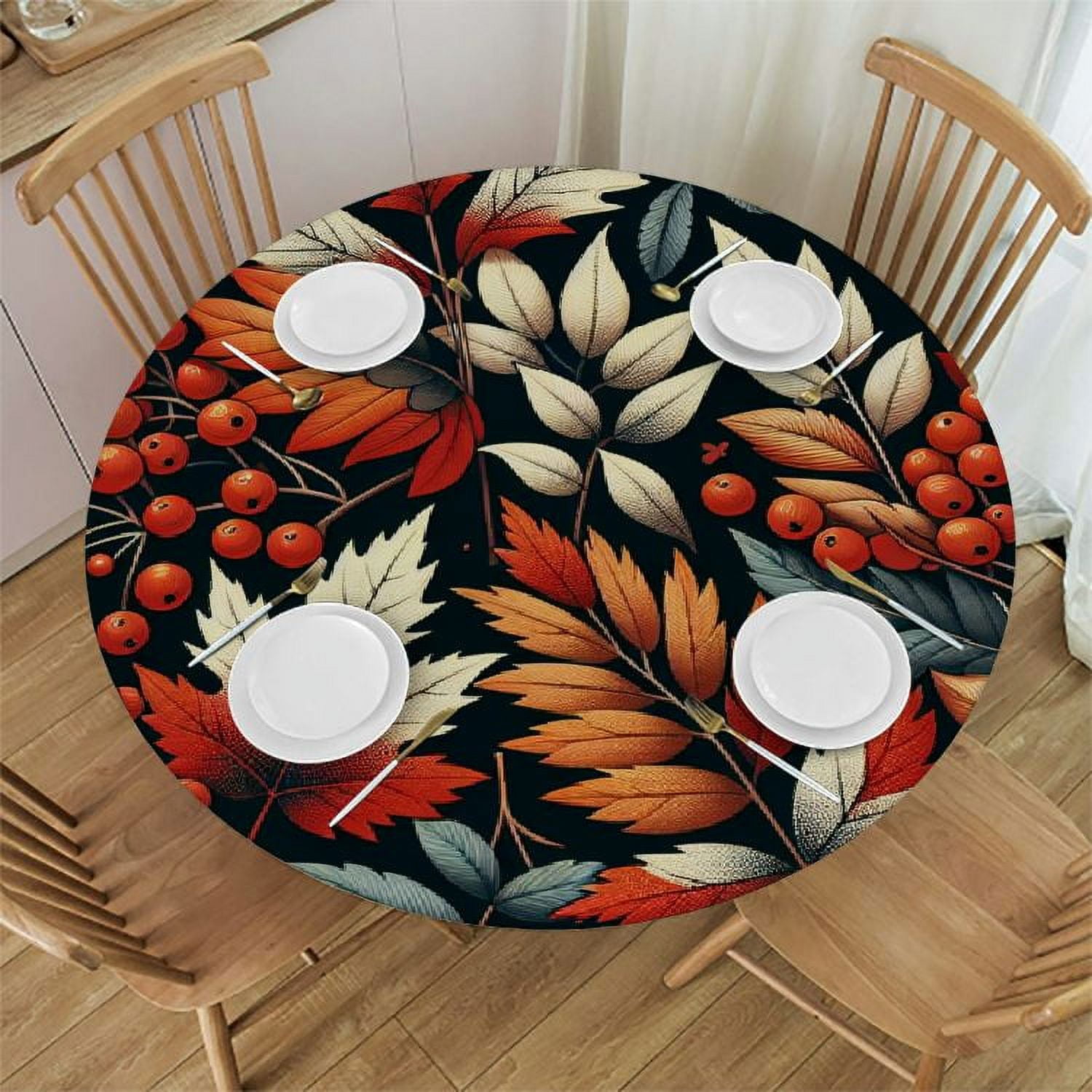 PIKWEEK Fall Gold Leaf Round Fitted Tablecloth with Elastic Edge Fitted ...