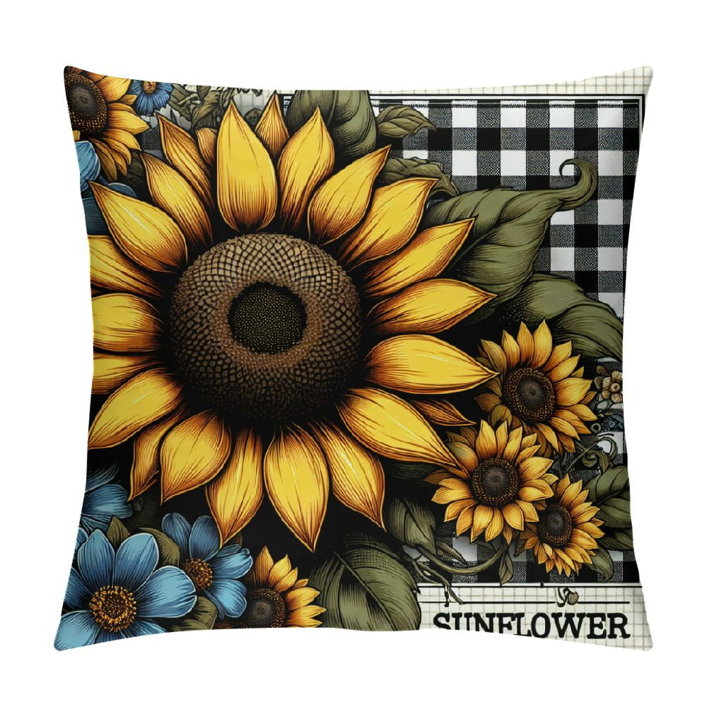 Wuche Fall Sunflower Pillow Covers Black Buffalo Plaid Throw Pillow ...