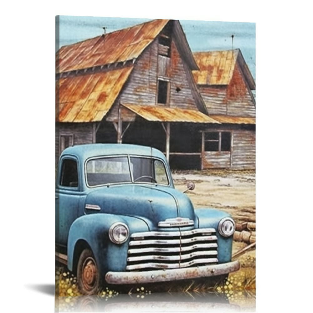 PIKWEEK Farmhouse Canvas Wall Art Framed Landscape Painting Teal Old ...