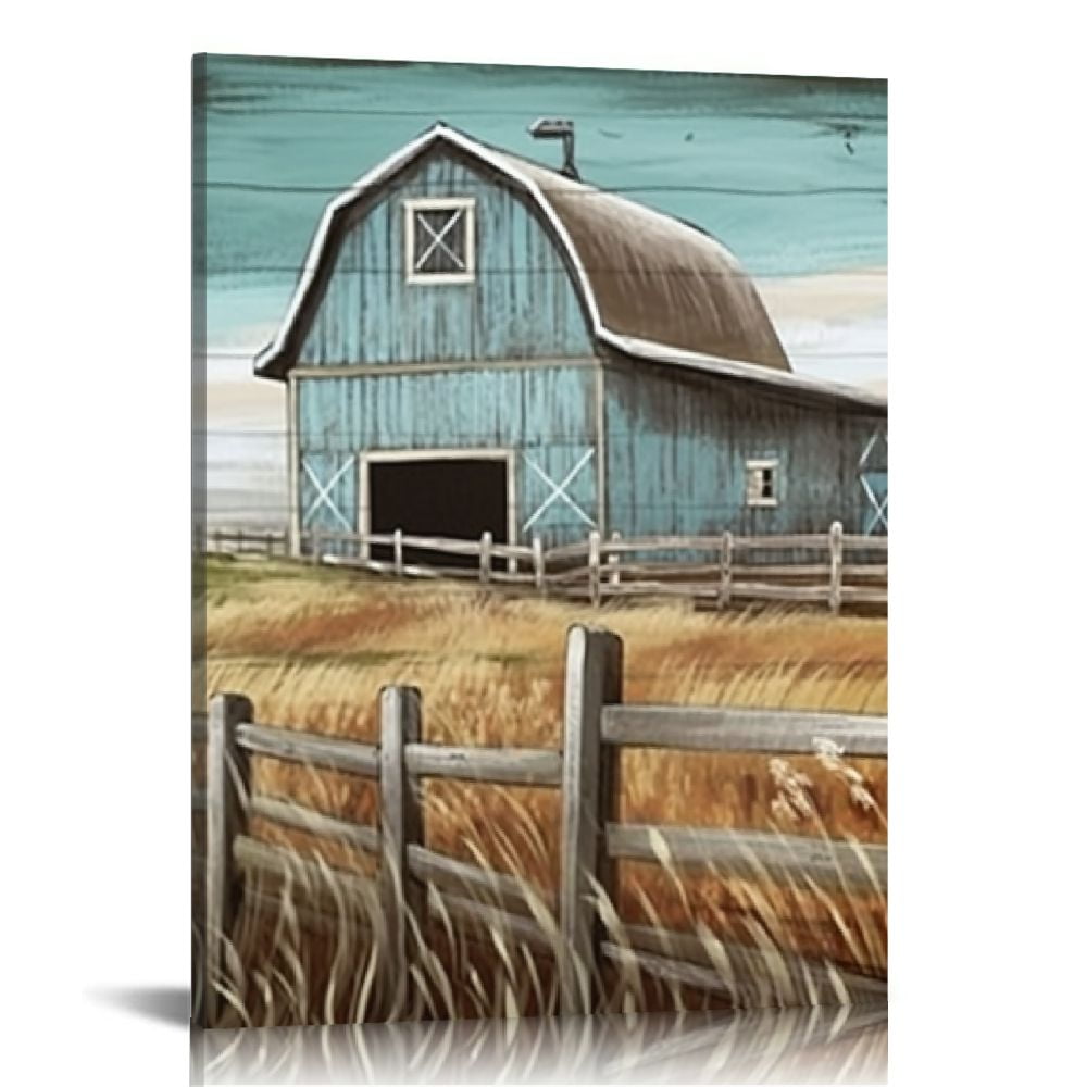 PIKWEEK Farmhouse Canvas Wall Art Framed Landscape Painting Teal Old ...