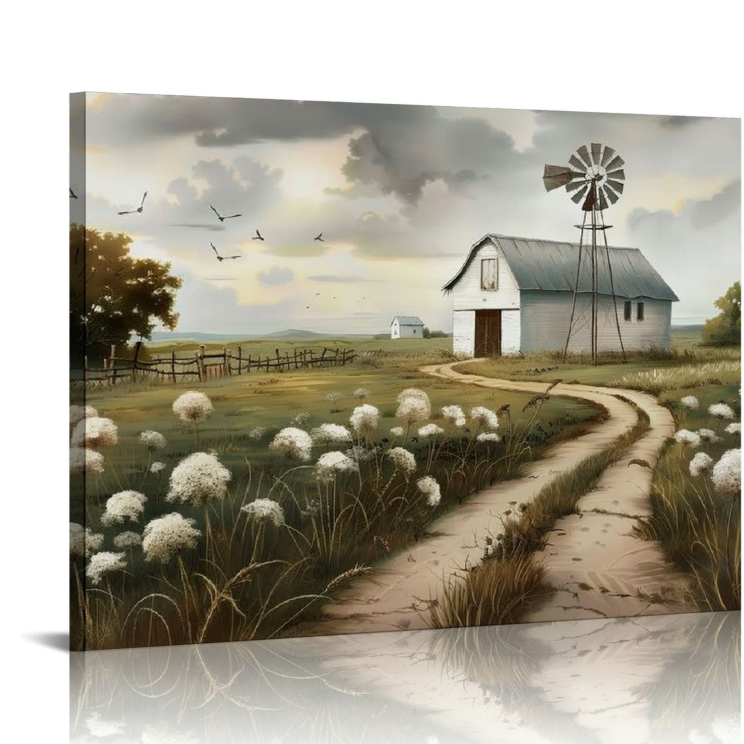 PIKWEEK Farmhouse Canvas Wall Art Old Barn and Flowers Painting Prints ...