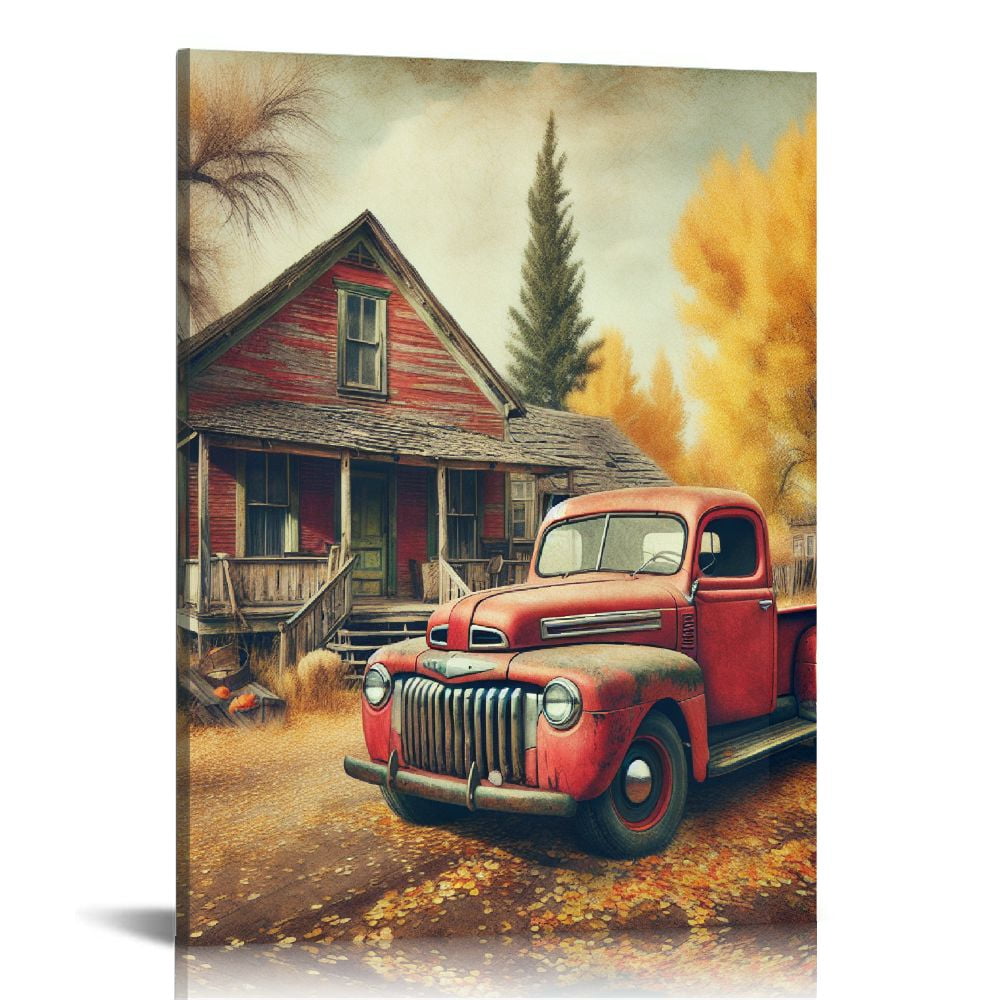 PIKWEEK Farmhouse Canvas Wall Art, Old Farmhouse and Old-Fashioned Red ...