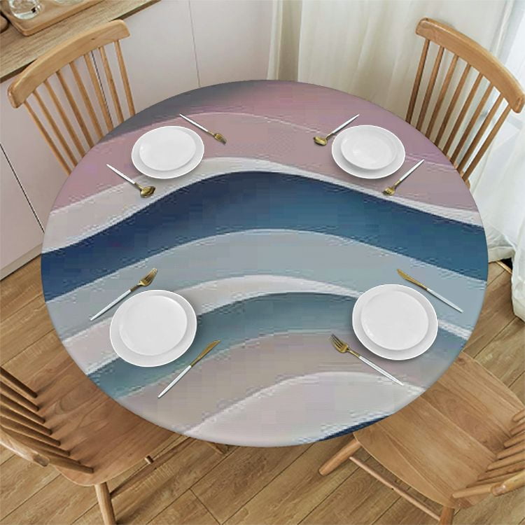 PIKWEEK Fitted Tablecloth for Round Table,Blue Pink Abstract Sea Wave ...