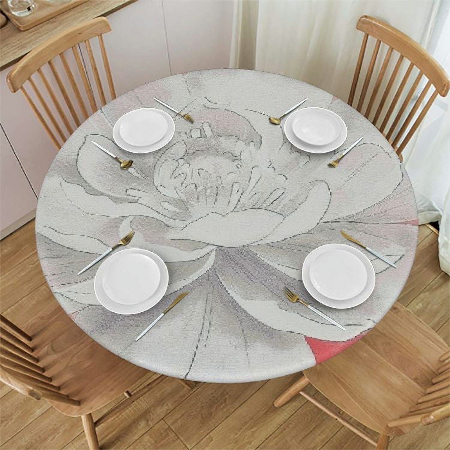 PIKWEEK Fitted Tablecloth for Round Table,Pink Grey Gradient Floral ...