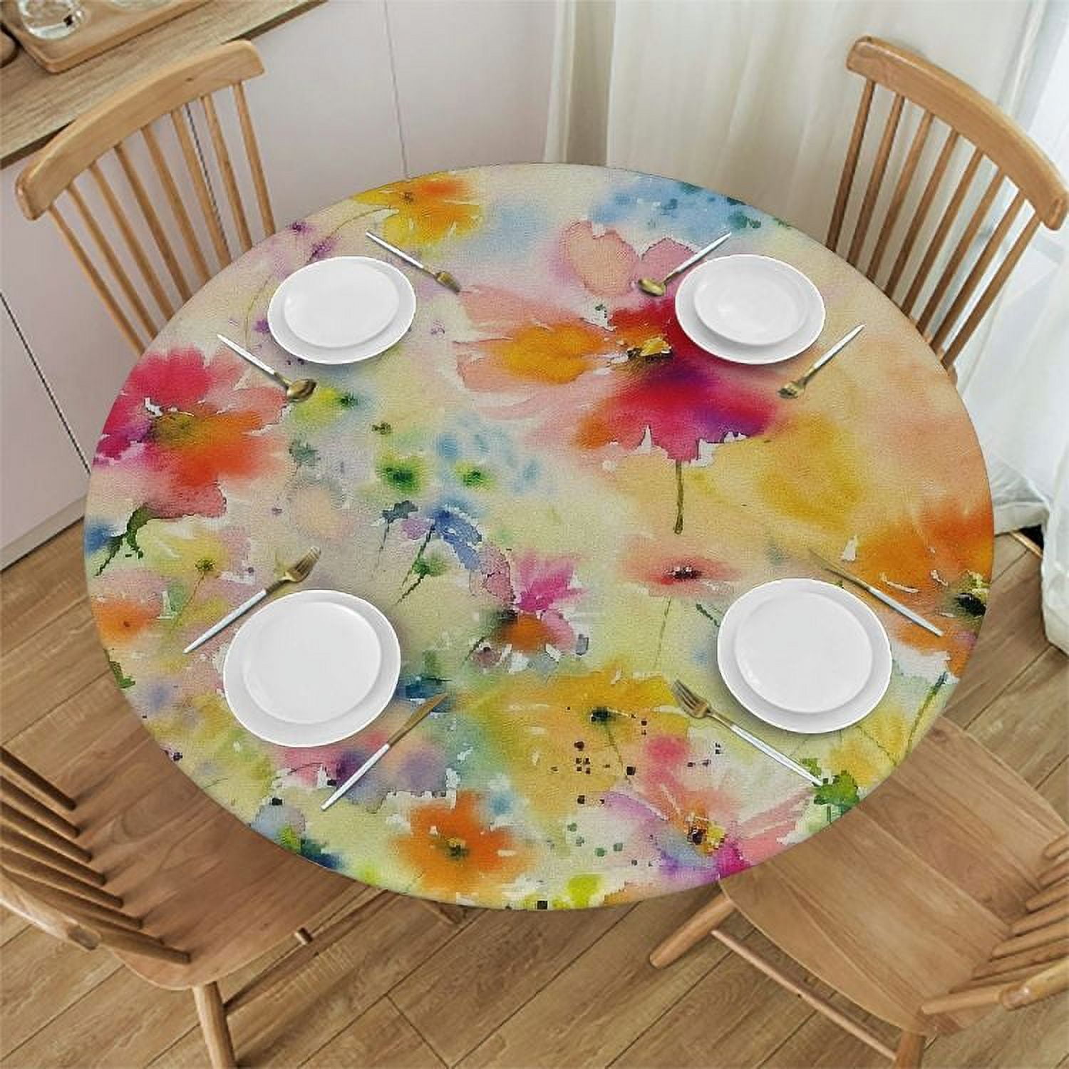 PIKWEEK Fitted Tablecloth for Round Table,Spring Floral Blossom Oil ...
