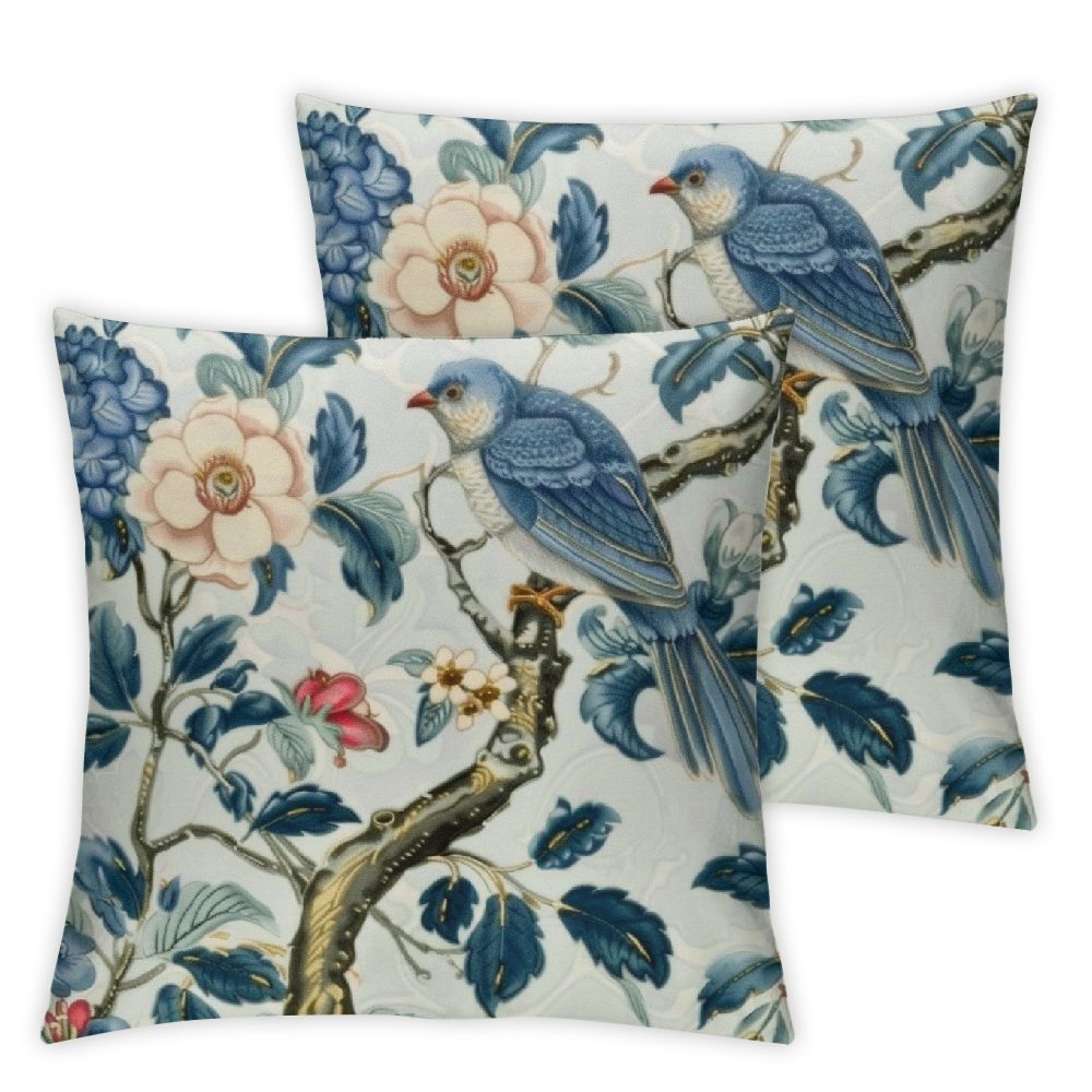 PIKWEEK Flower and Birds Pillow Covers Set of 2,Blue and White Pillow ...