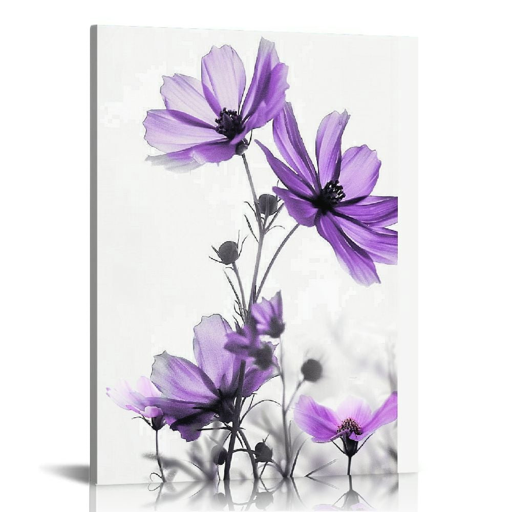 PIKWEEK Flowers Wall Art Canvas Pictures Purple Wildflowers Black and ...