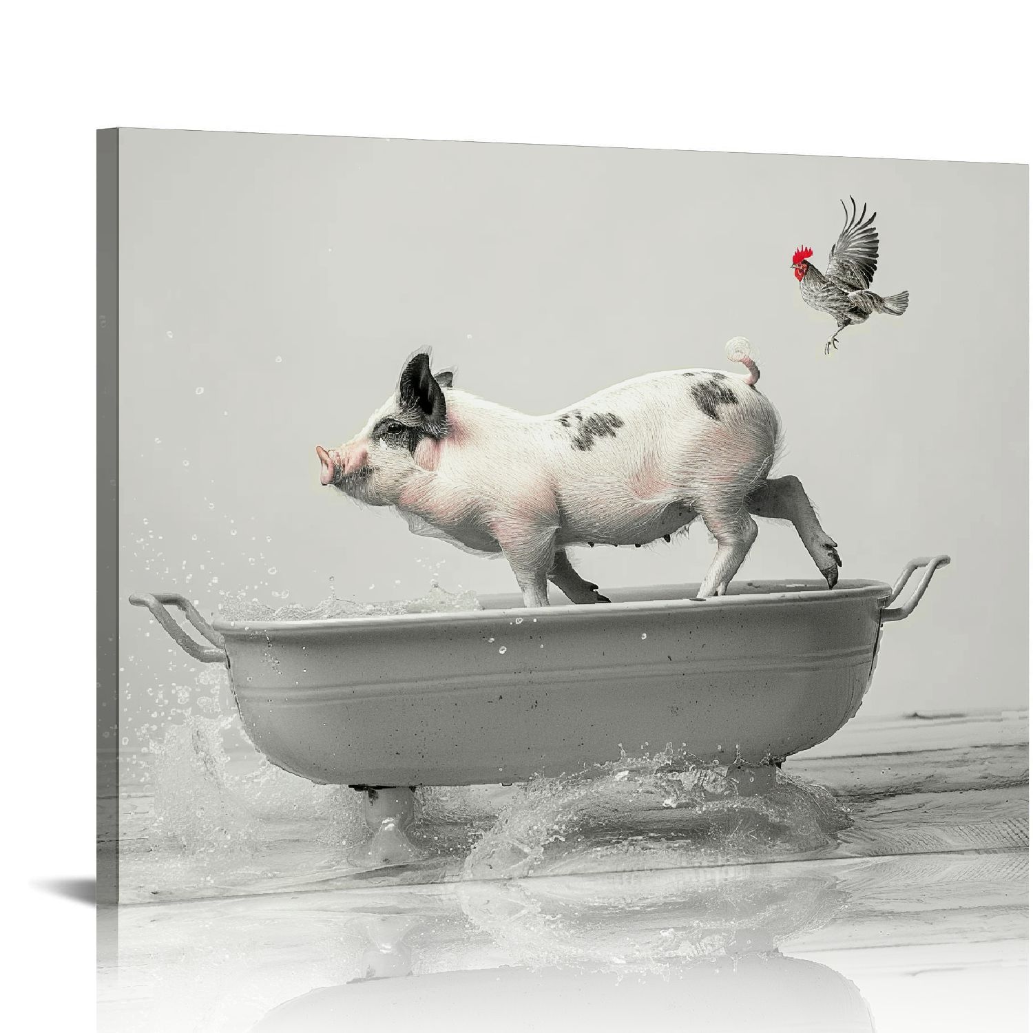 Wuche Funny Bathroom Art Wall Decor Cute Pig Rooster taking a Bubble Bath Photo Pictures ...