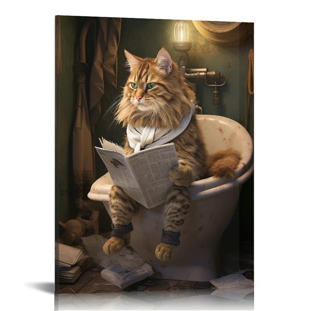 PIKWEEK Funny Bathroom Cat Wall Art Bathroom Animal Cat on Toilet ...