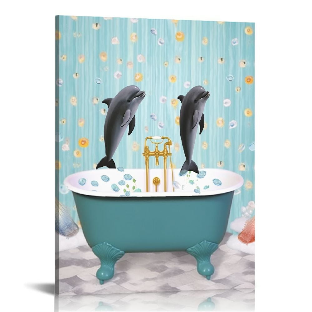 PIKWEEK Funny Bathroom Wall Art,Dolphins in Bathtub Wall Art,Adorable ...
