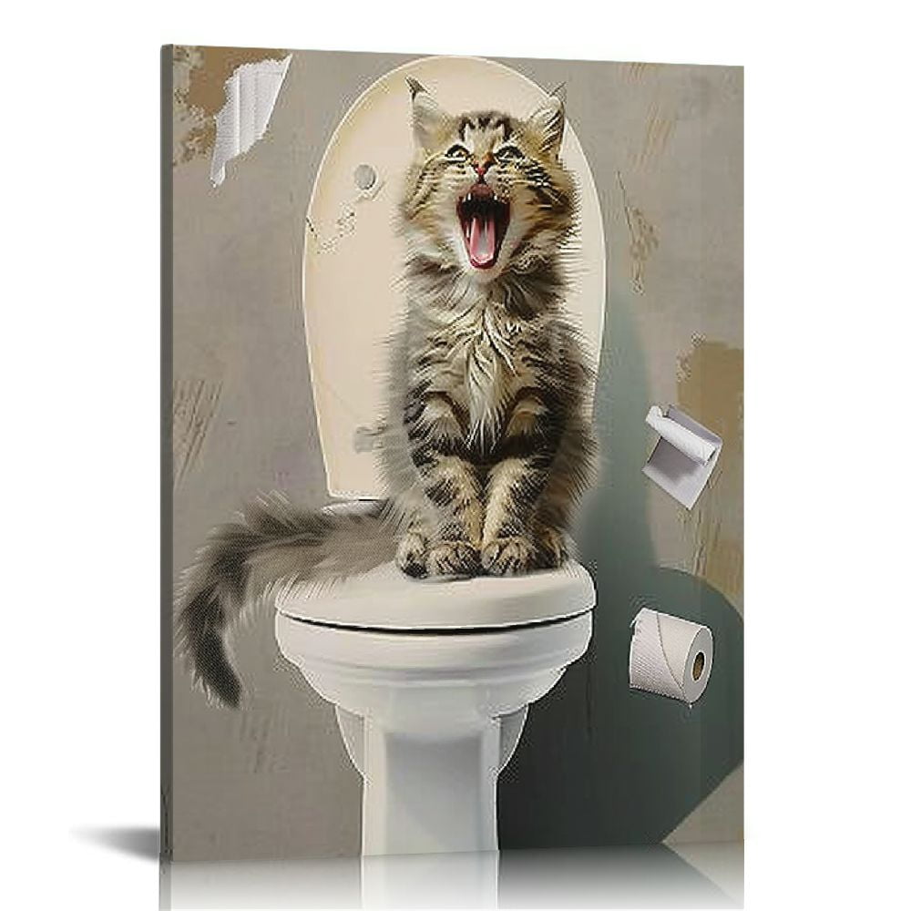 PIKWEEK Funny Cat Bathroom Wall Art Cute Cat In Toilet Pictures Wall ...