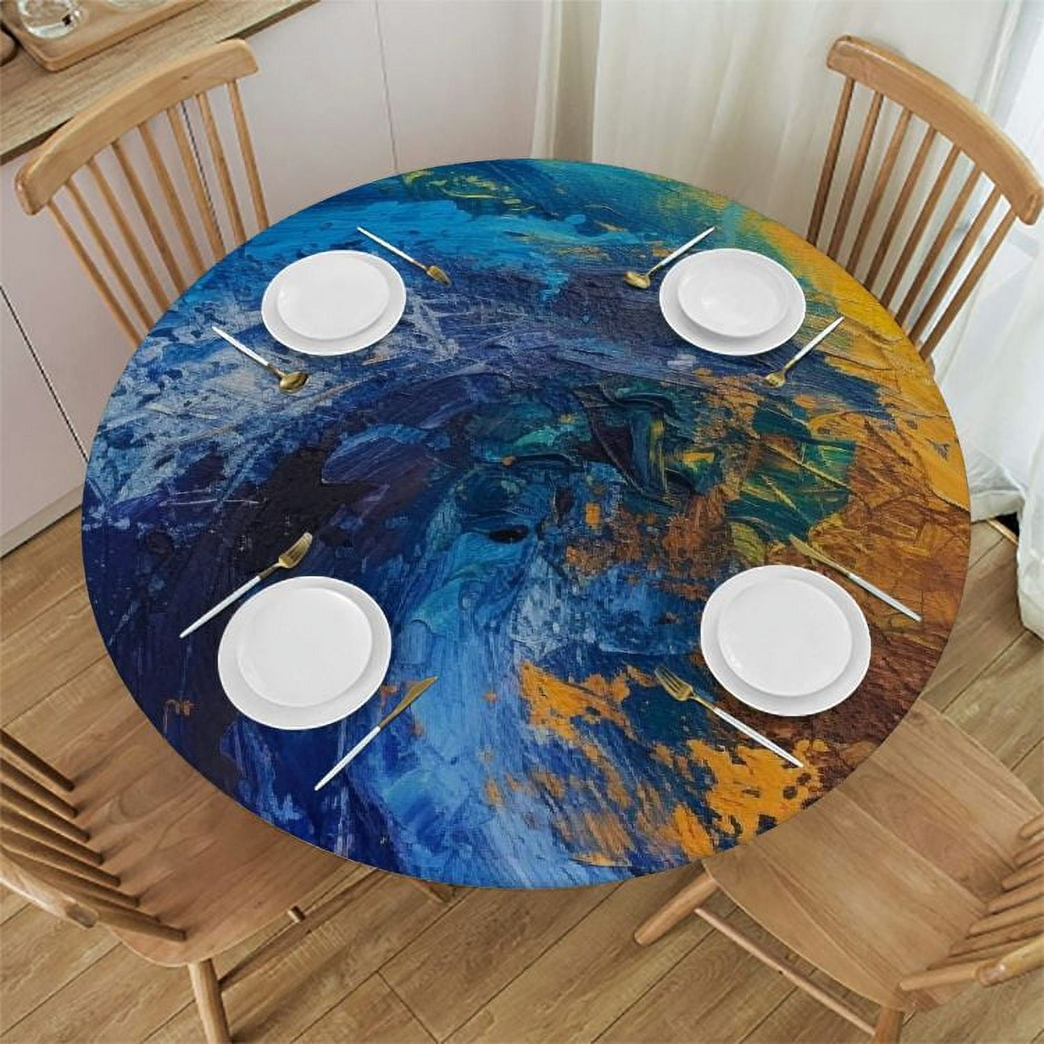 PIKWEEK Gold and Blue Abstract Art Round Tablecloth, Great for Home ...