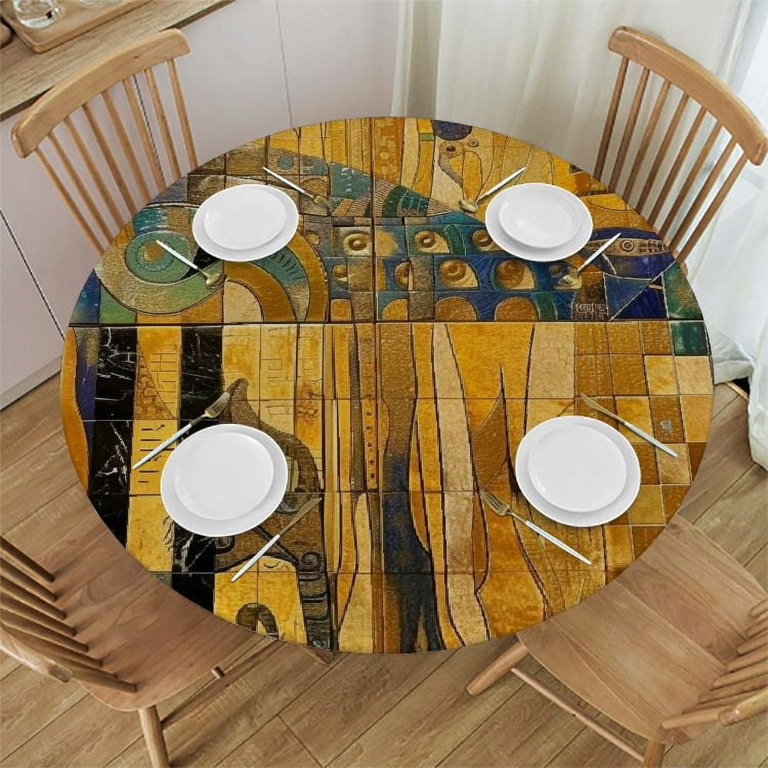 PIKWEEK Gold and Blue Abstract Art Round Tablecloth for Picnic Dining ...