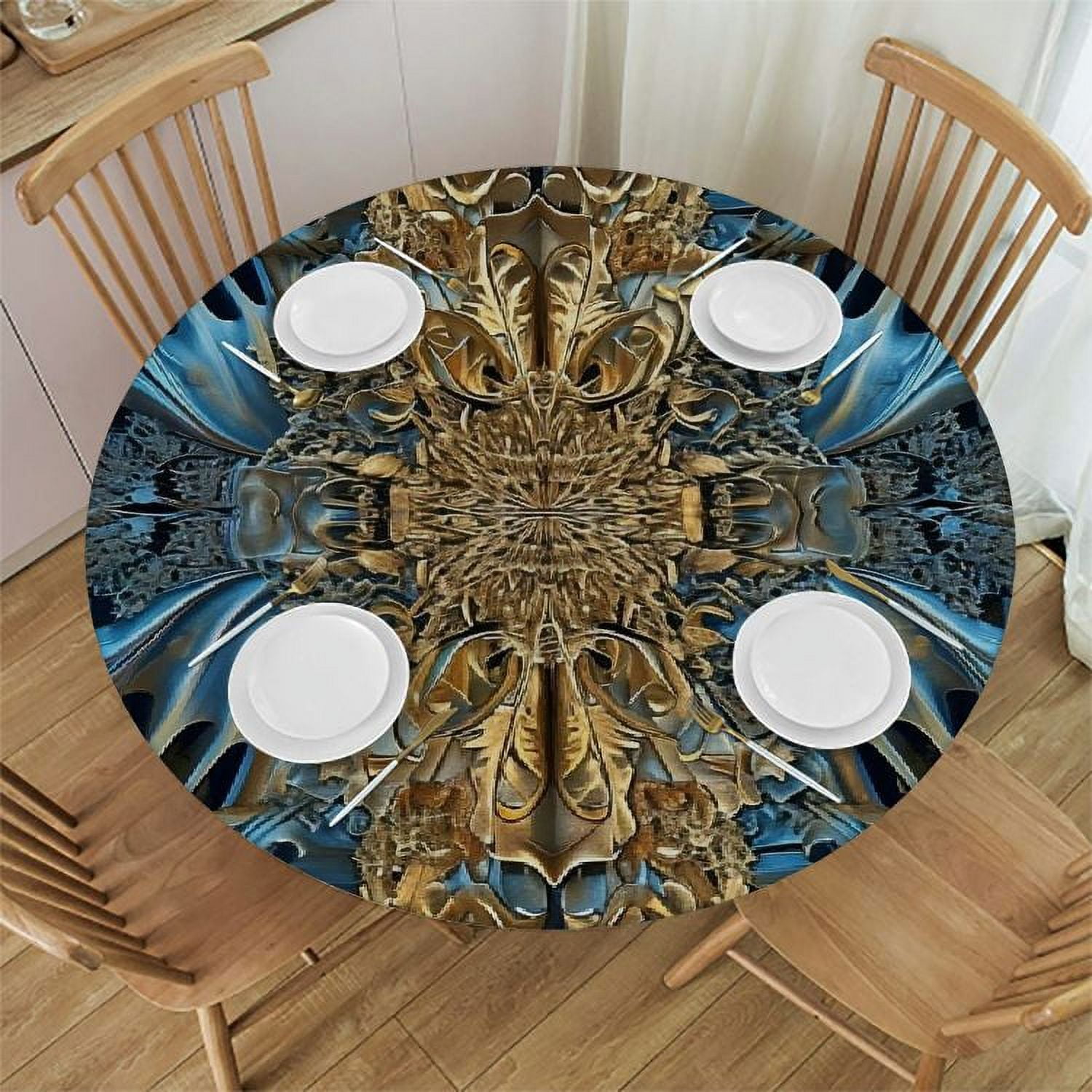 PIKWEEK Gold and Blue Abstract Art Table Cover - Round Tablecloth White ...